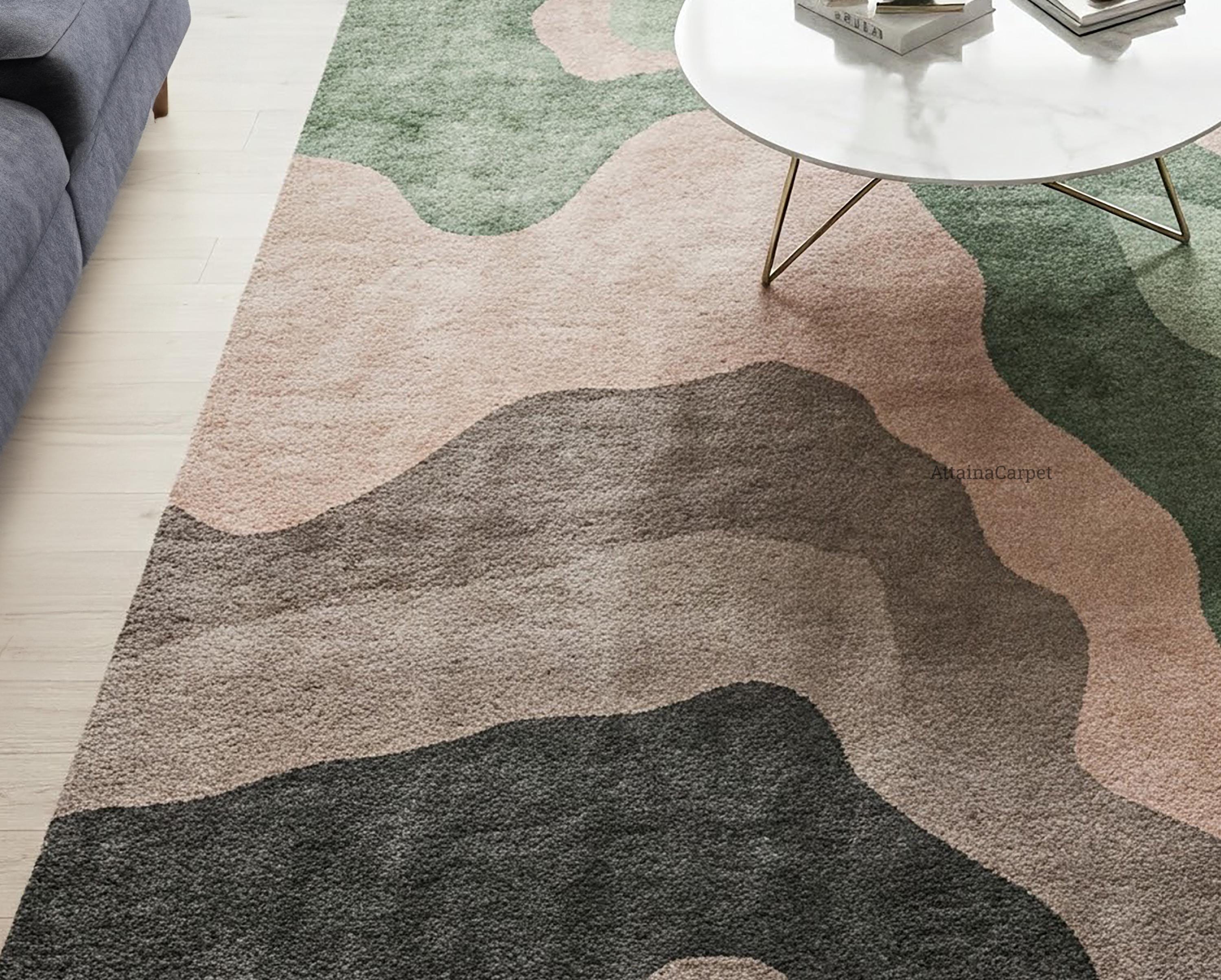 Hand Tufted Sage Green Dusty Pink Grey Wool Rug for Living Room, Modern ...