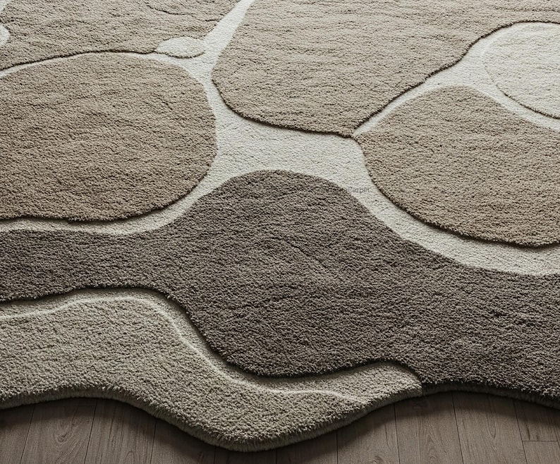 Abstract Beige Light Brown Cream Irregular Shape Hand Tufted Wool Rug ...