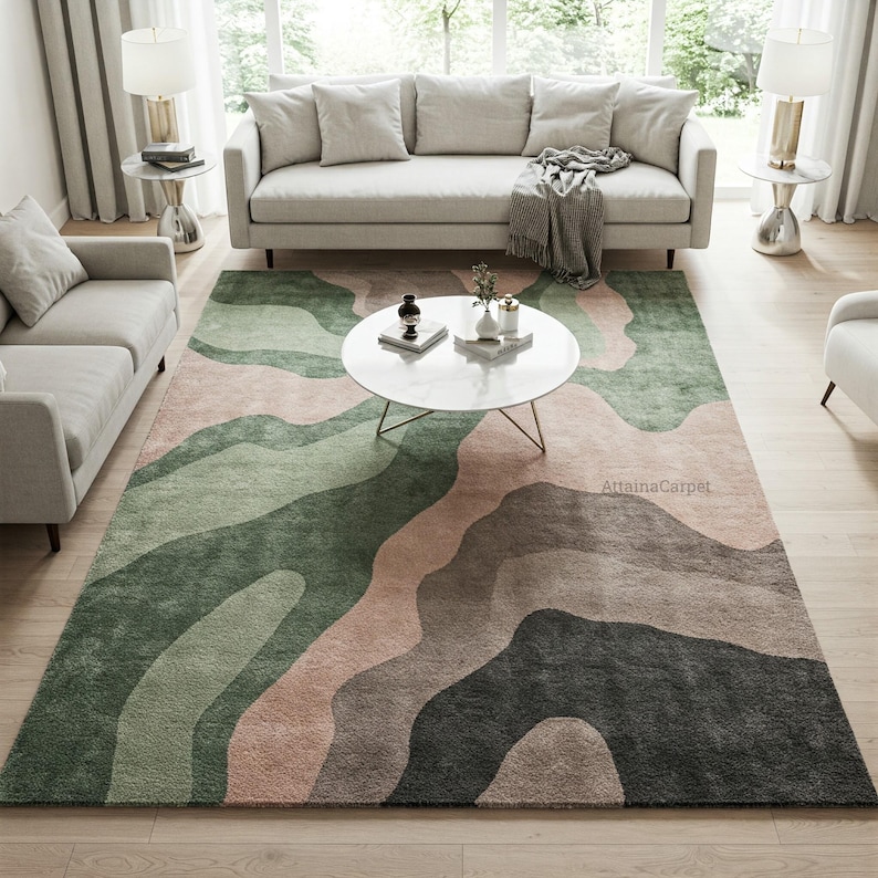 Hand Tufted Sage Green Dusty Pink Grey Wool Rug for Living Room, Modern ...