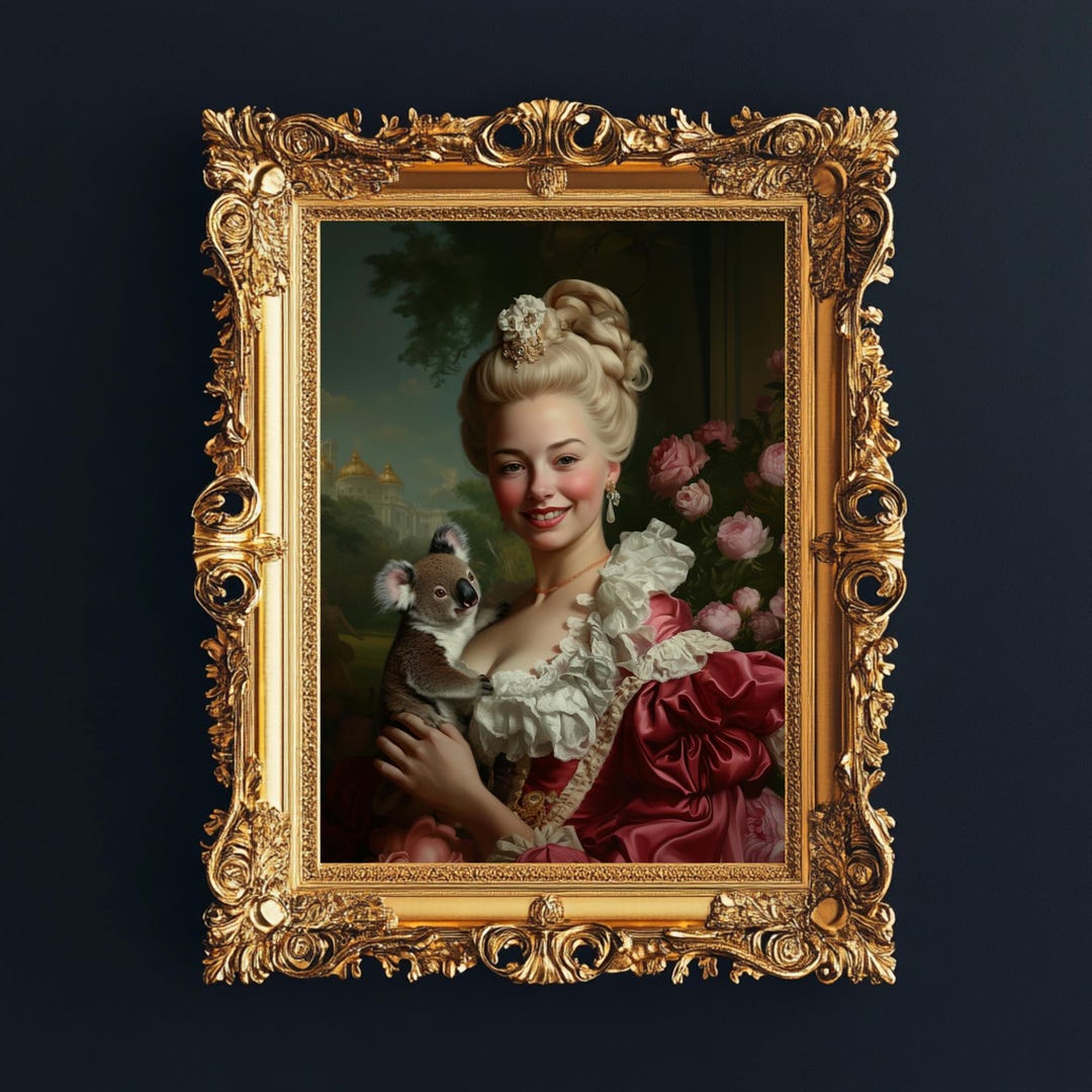 Maximalist Rococo Portrait Wall Art, Whimsical Baroque Lady With Koala ...
