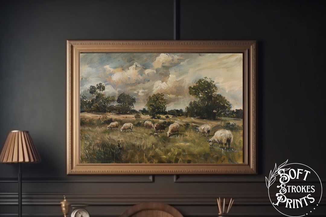Vintage Sheep Landscape Painting | Printable Farm Art | Rustic ...