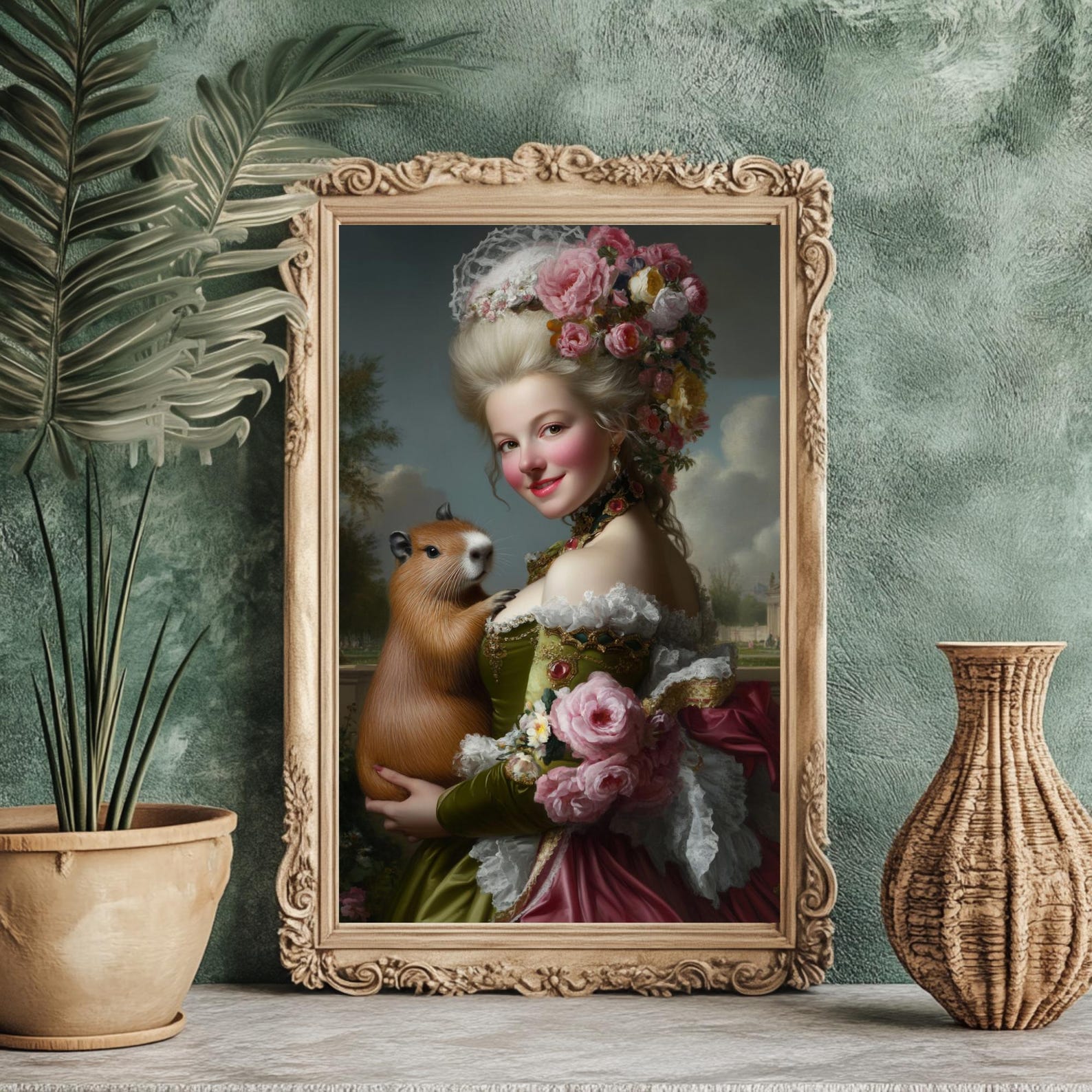 Whimsical Rococo Lady With Capybara Art Print Baroque Portrait Wall Art ...