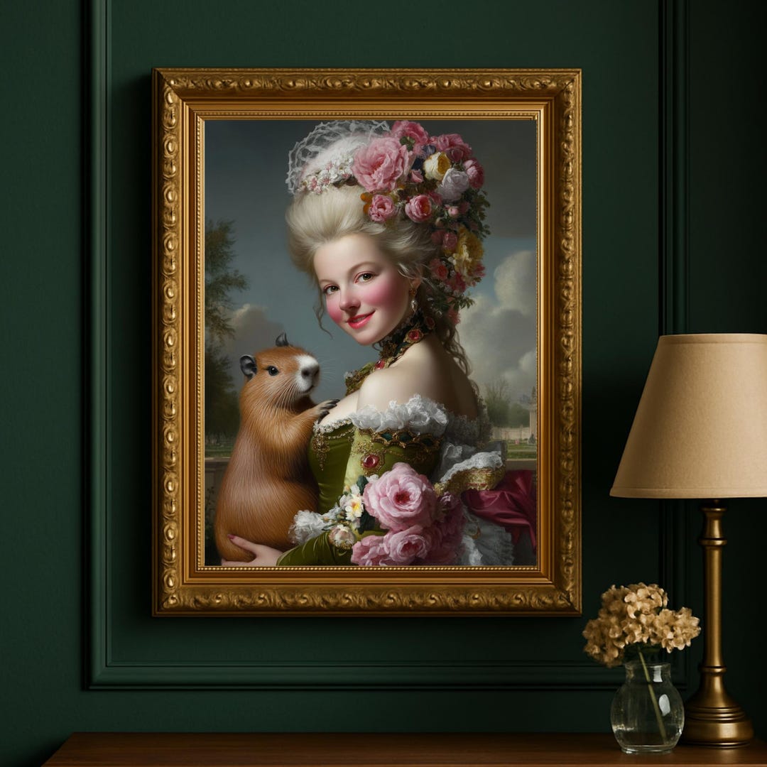 Whimsical Rococo Lady With Capybara Art Print Baroque Portrait Wall Art ...