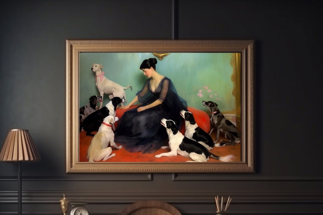 Dogs Wall Art | Woman With Dogs Portrait | Playing With Dogs Wall Art ...