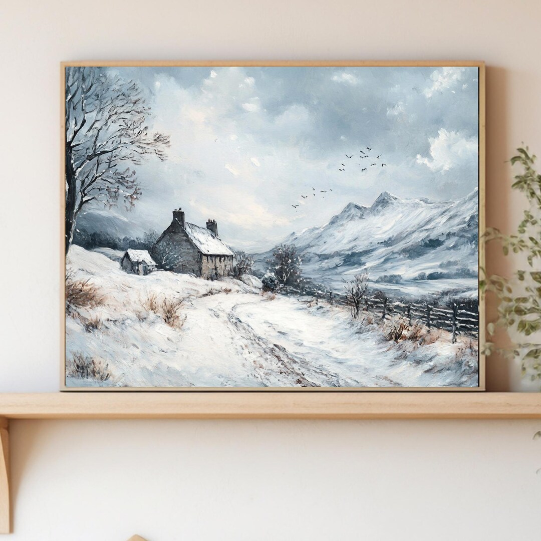 Vintage Winter Cottage Landscape Print | Snowy Mountain Cabin Art ...