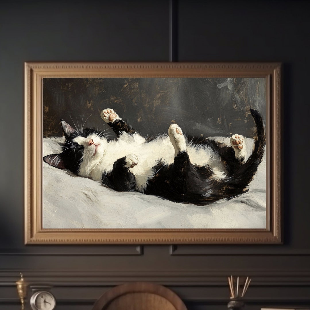 Sleeping Cat Art Print Oil Tuxedo Cat Moody Oil Painting Animal Wall ...