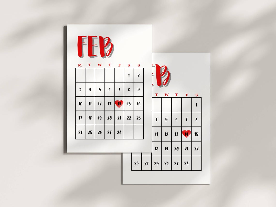 Valentine’s Day Calendar Digital Wall Art– Printable Red Heart February ...