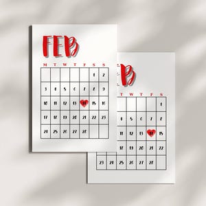 Valentine’s Day Calendar Digital Wall Art– Printable Red Heart February ...