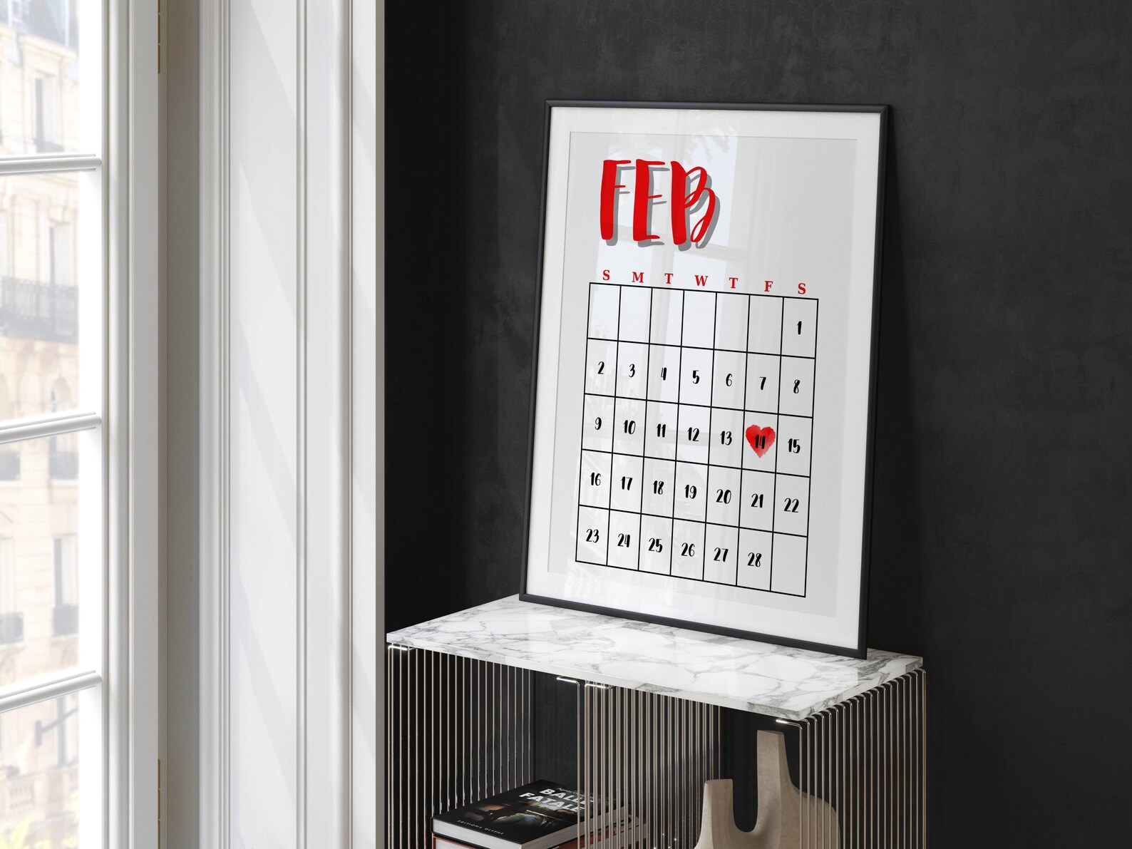 Valentine’s Day Calendar Digital Wall Art– Printable Red Heart February ...