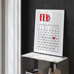 Valentine’s Day Calendar Digital Wall Art– Printable Red Heart February ...