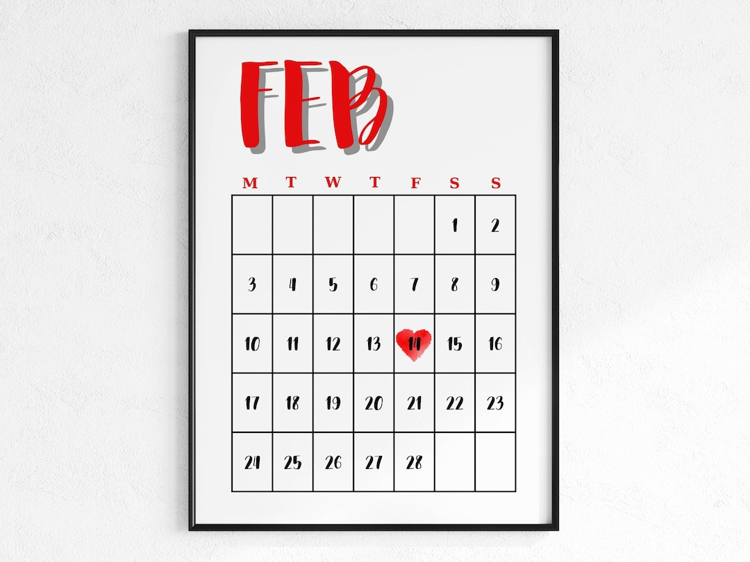 Valentine’s Day Calendar Digital Wall Art– Printable Red Heart February ...