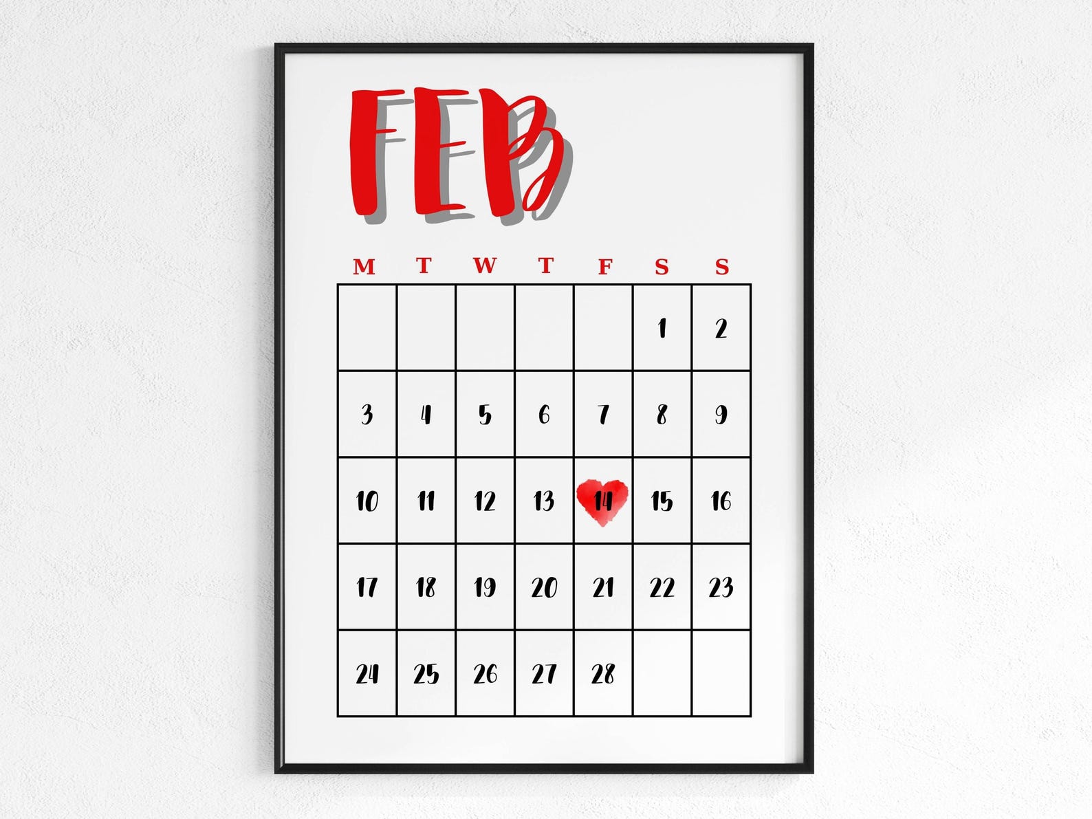 Valentine’s Day Calendar Digital Wall Art– Printable Red Heart February ...
