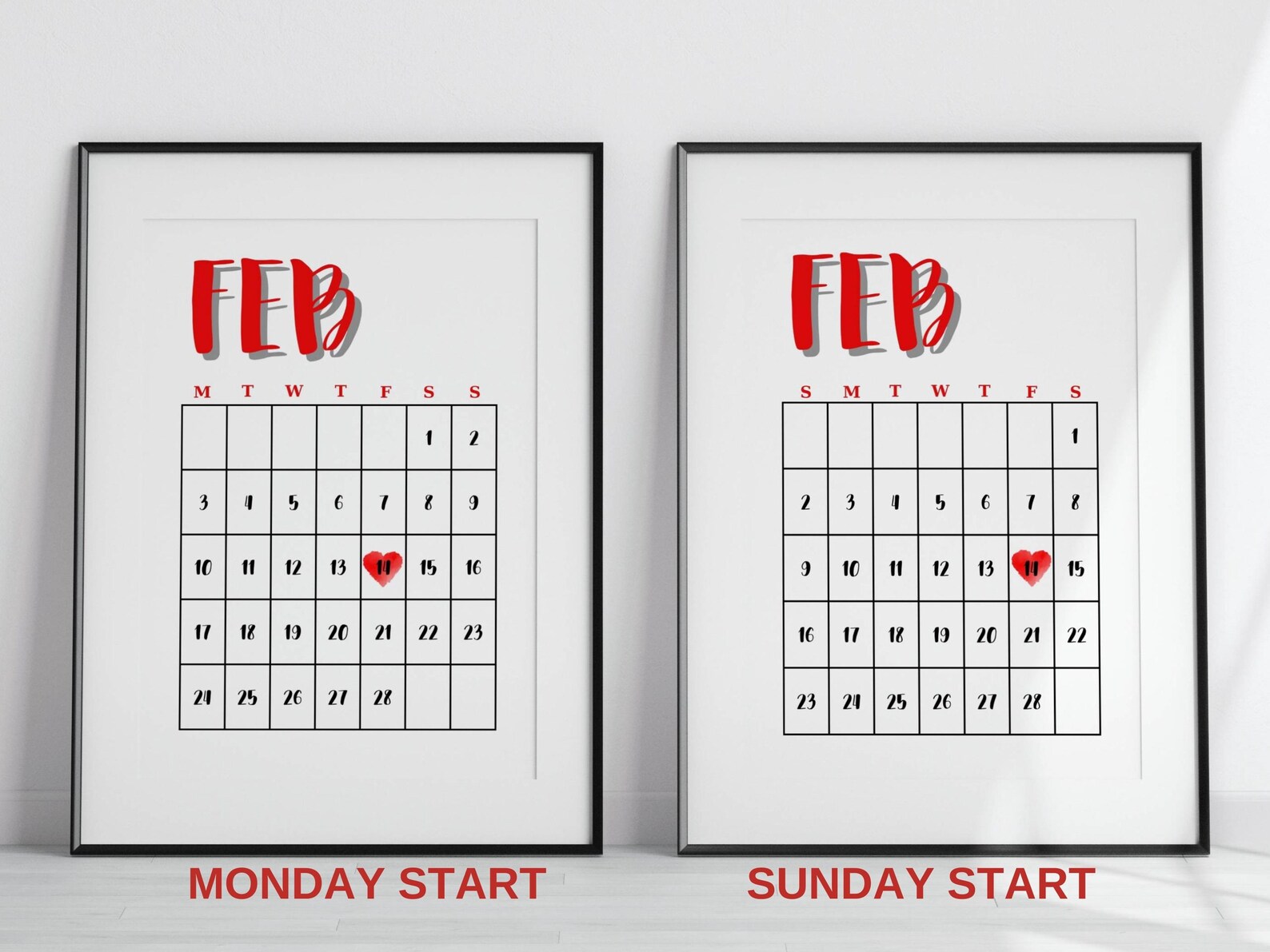 Valentine’s Day Calendar Digital Wall Art– Printable Red Heart February ...