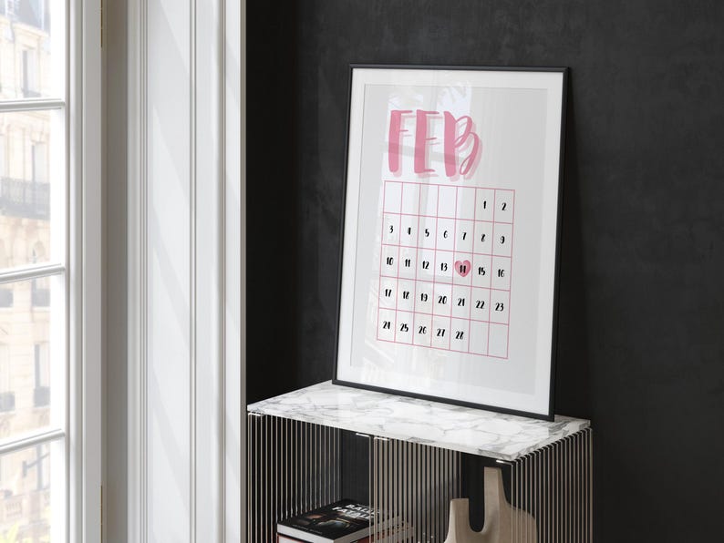 Valentine’s Day Calendar Digital Poster – Pink February Calendar ...