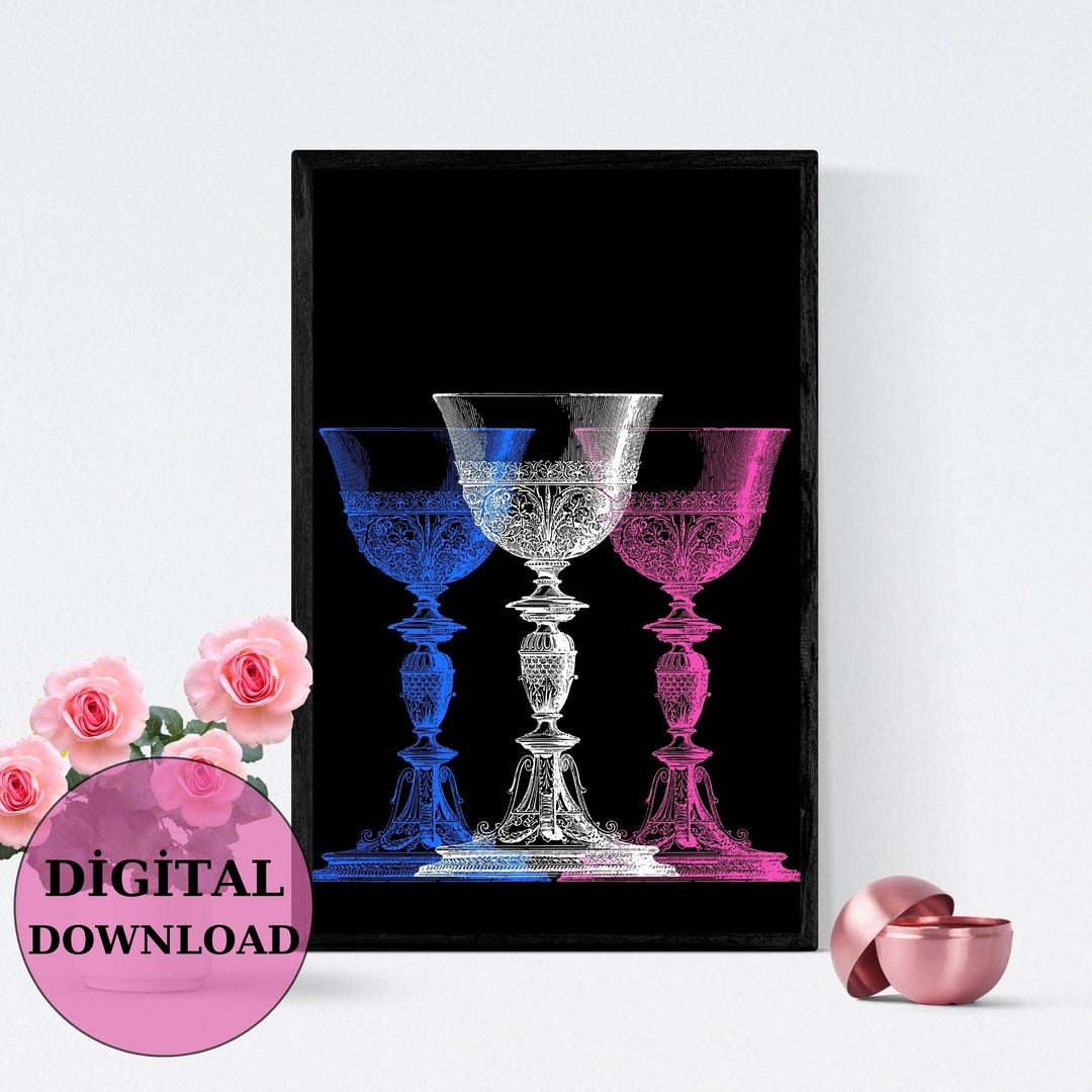 Vintage Crystal Goblet Digital Printable Art, Black Background Dining ...