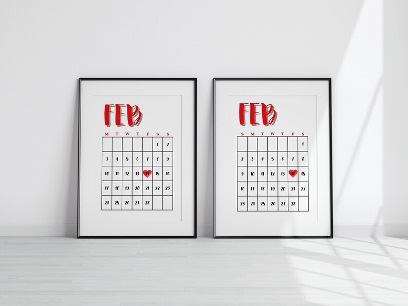 Valentine’s Day Calendar Digital Wall Art– Printable Red Heart February ...