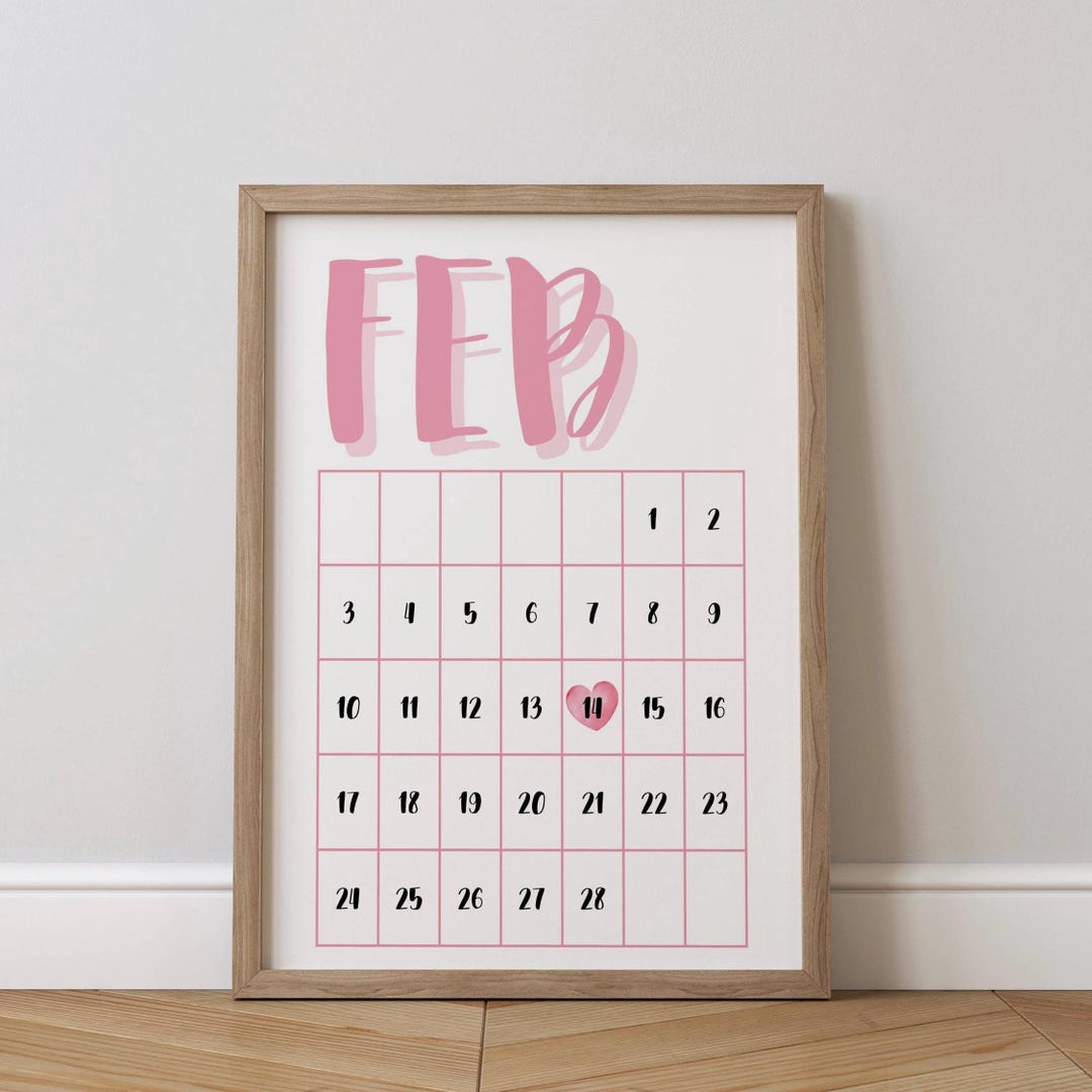 Valentine’s Day Calendar Digital Poster – Pink February Calendar ...
