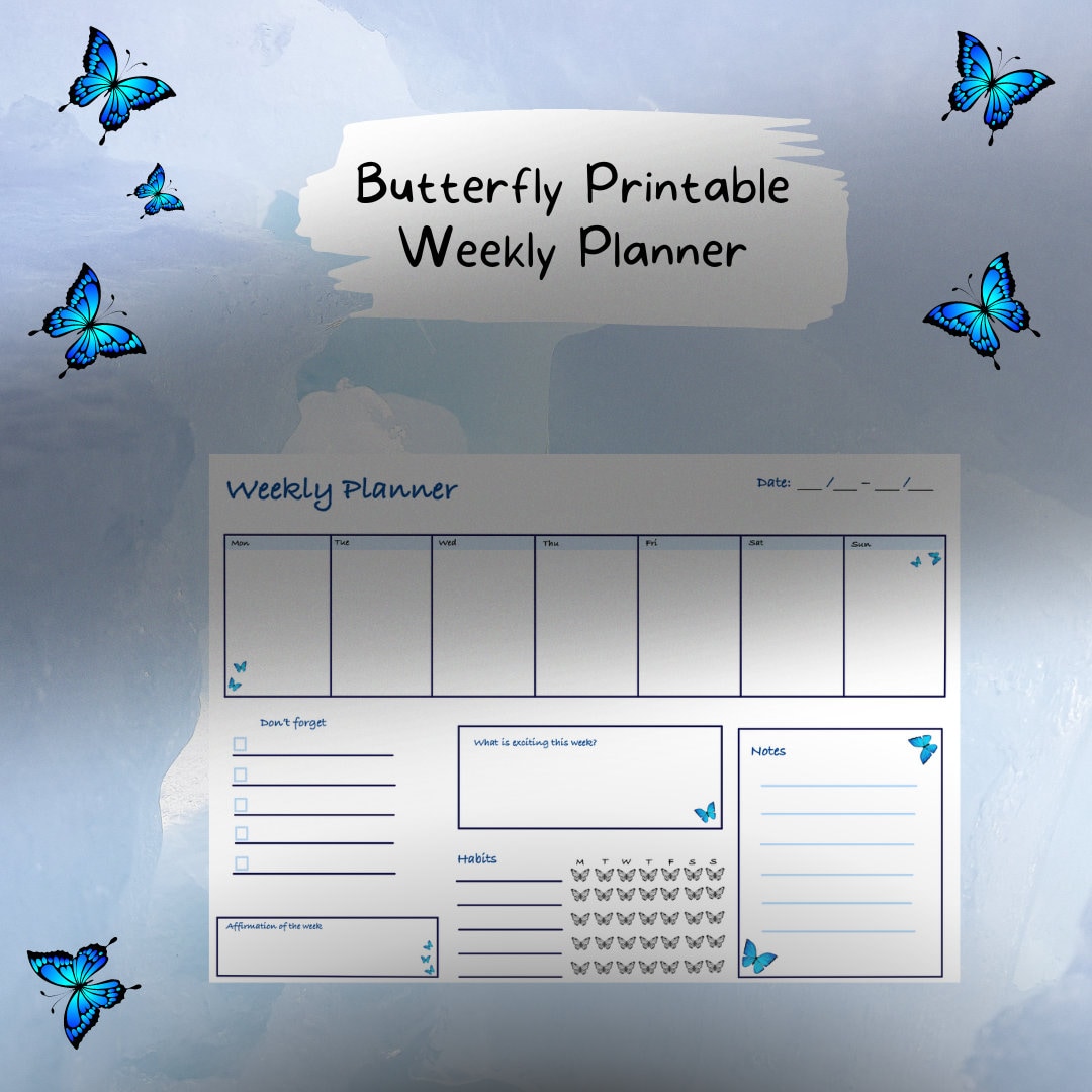 Blue Butterfly Printable Digital Weekly Planner Stay Organised With ...