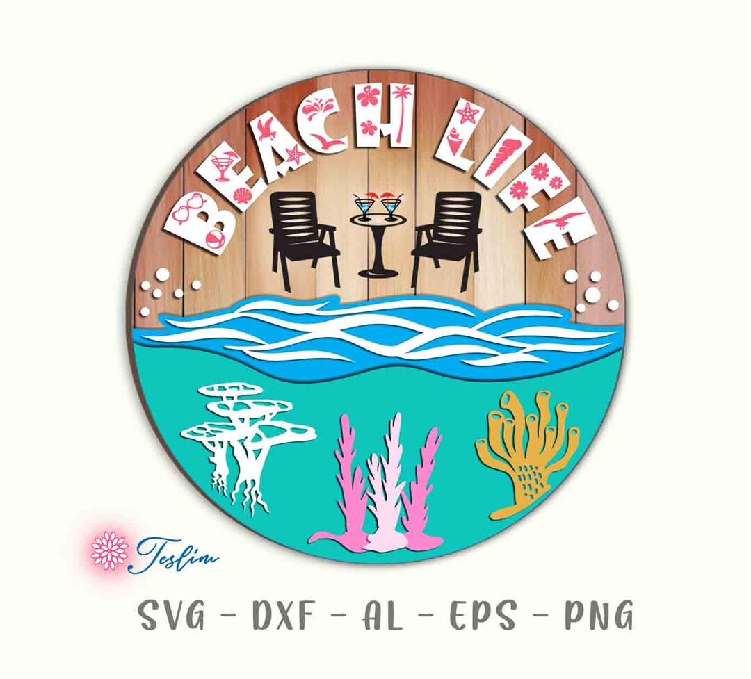 Beach Life Sign SVG, Round Door Hanger Svg, Shell SVG, Glowforge Laser ...