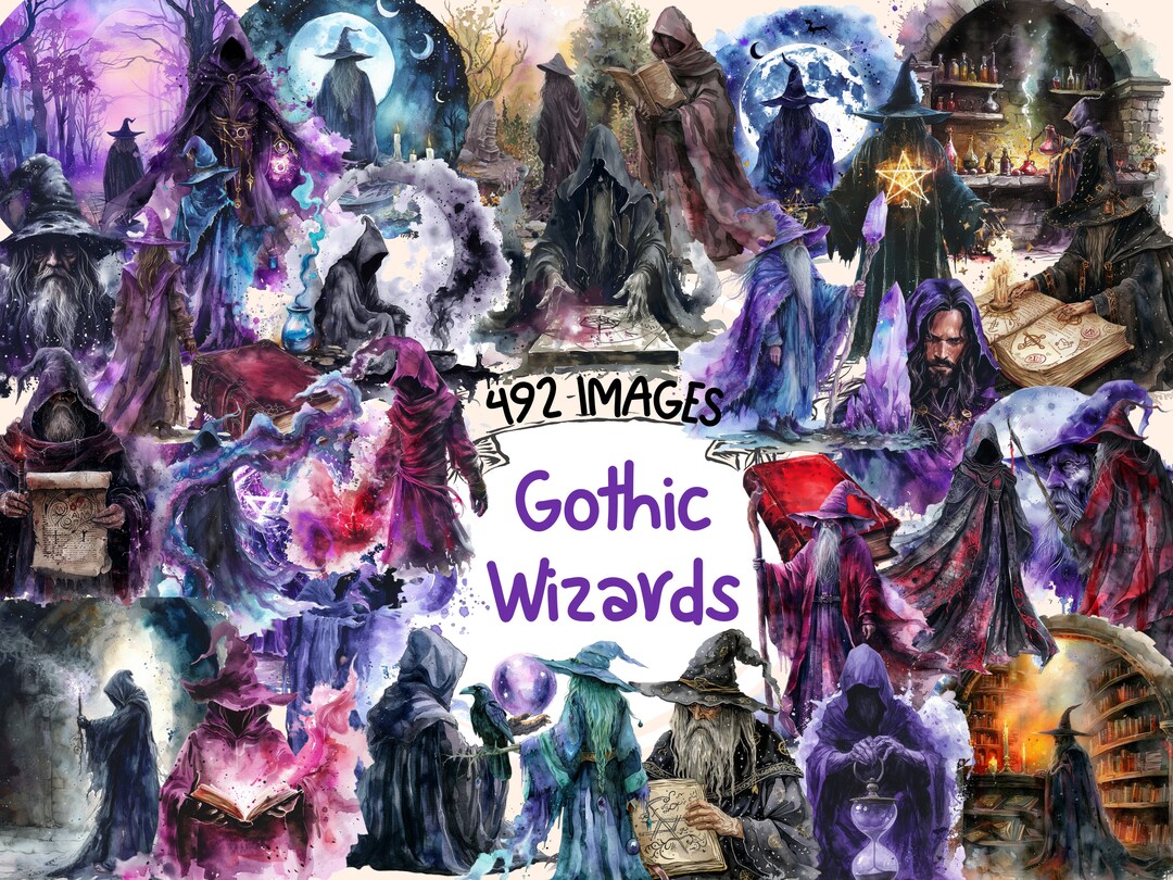 Gothic Wizards Watercolor Clipart Bundle: Dark Sorcerer PNG Images ...