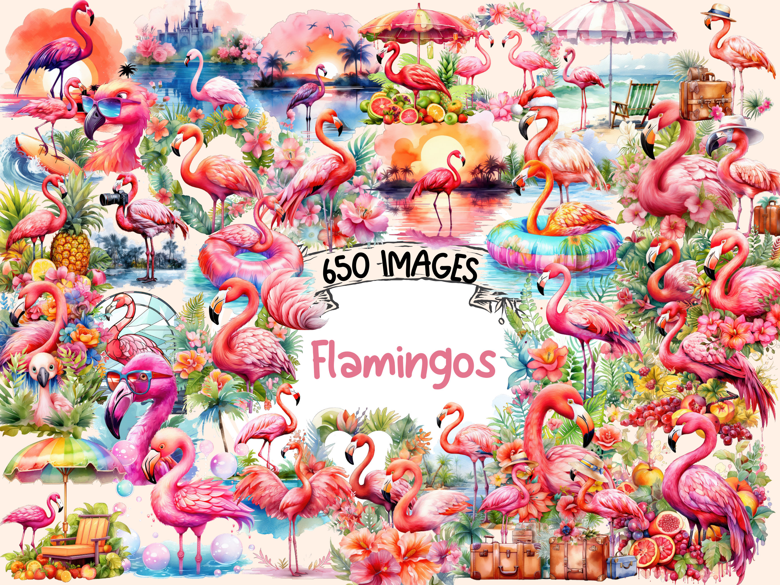 Watercolor Flamingo Clipart Bundle: Tropical Bird Graphics (digital ...