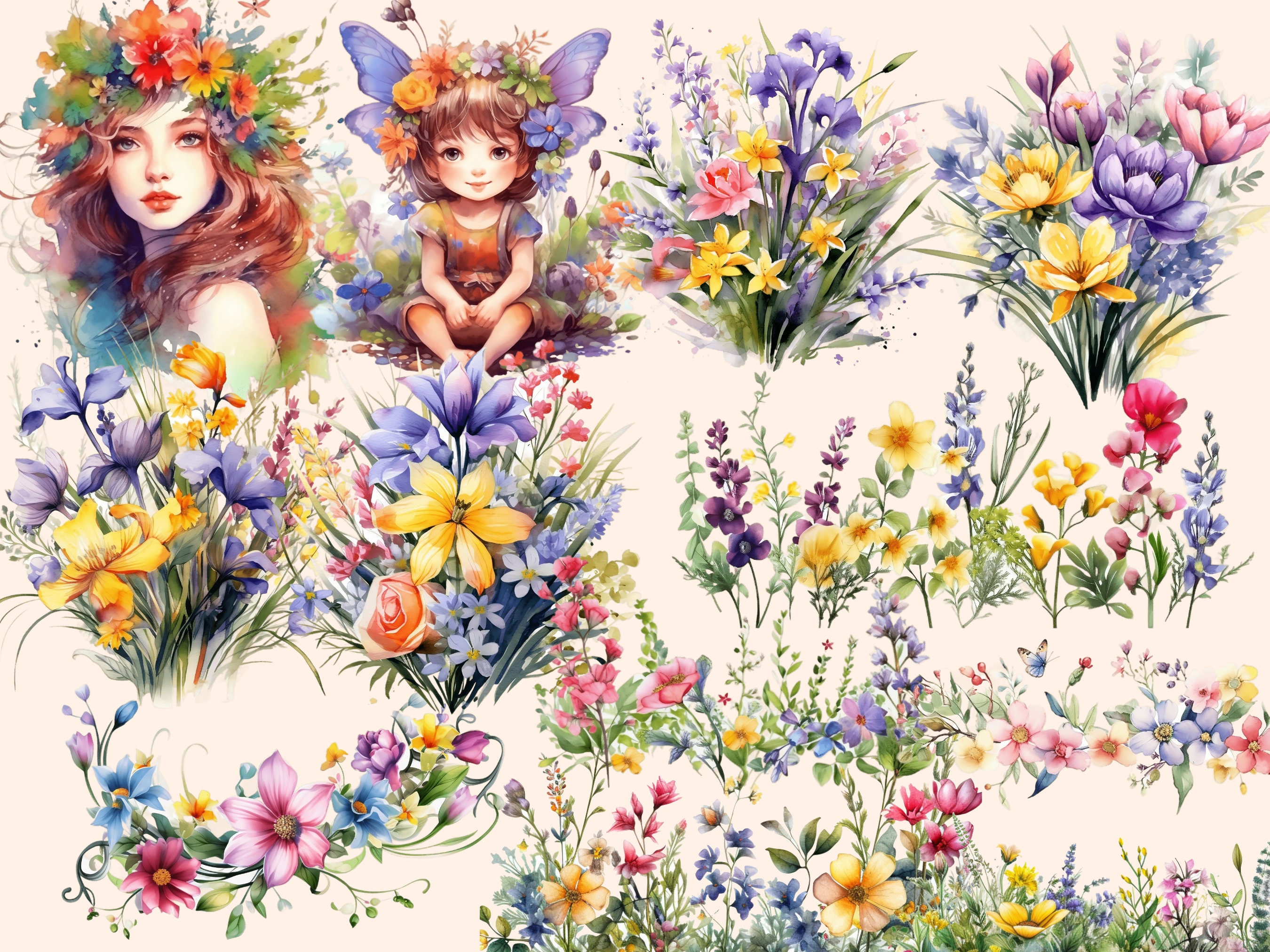 Springtime Flowers Watercolor Clipart Bundle 115 PNG Flower - Etsy