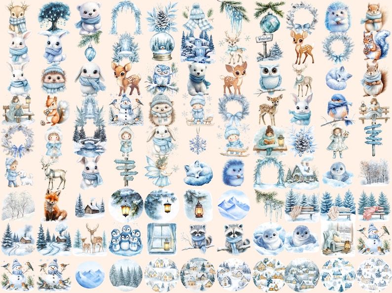 Watercolor Winter Wonderland Clipart: Snowy Woodland PNG Bundle ...
