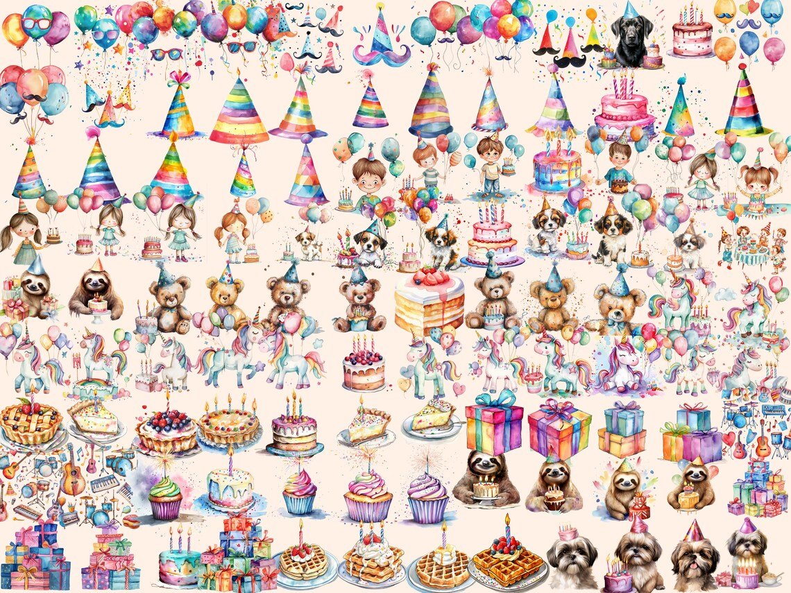 Watercolor Birthday Party Clipart Bundle: 531 PNG Images (digital ...