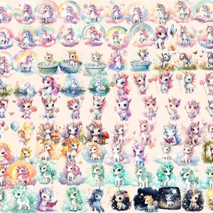 Baby Unicorns Watercolor Clipart Bundle - 585 PNG Cute Little Unicorn ...