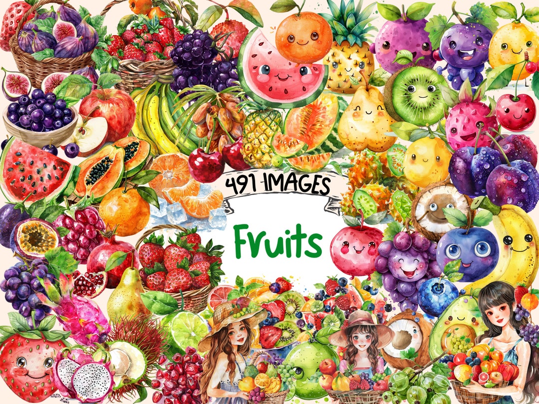Watercolor Fruits Clipart Bundle: 491 PNG Graphics (digital Download ...