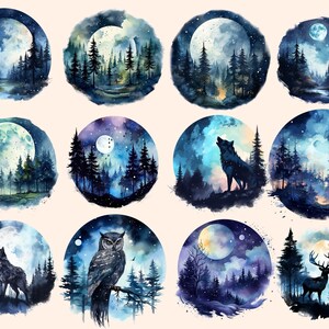 Forest Moons Watercolor Clipart Bundle - 70 PNG Mystical Woodland ...