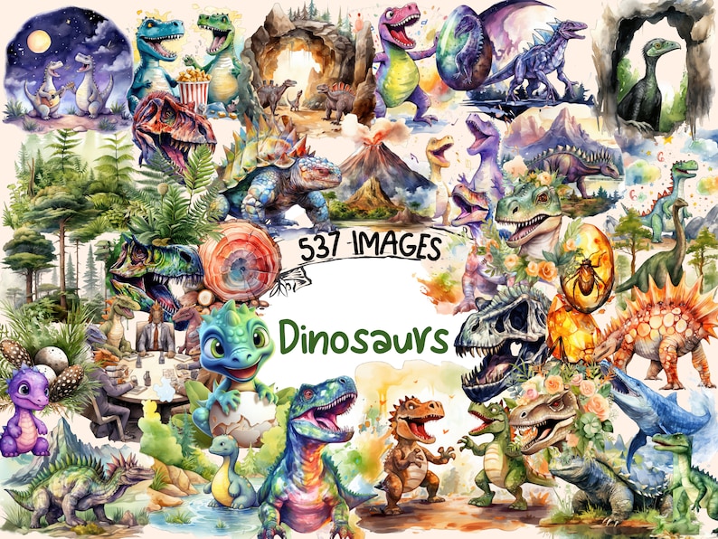 Watercolor Dinosaurs Clipart Bundle: 537 Dino Graphics (digital ...