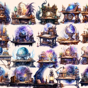 Wizard Desks Watercolor Clipart Bundle - 181 PNG Magical Images ...