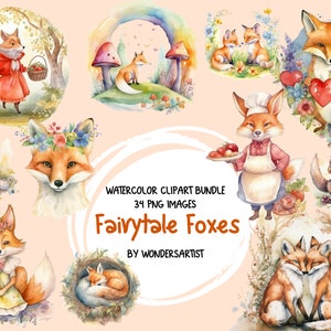 Cute Funny Magical Fairytale Fox Clipart Bundle - Watercolor Digital ...