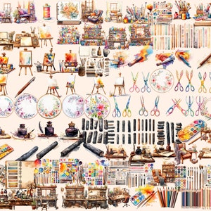 Watercolor Art Supplies Clipart Bundle: 337 PNG Graphics (digital ...