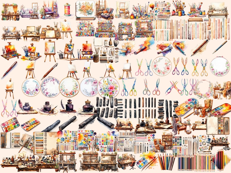 Watercolor Art Supplies Clipart Bundle: 337 PNG Graphics (digital ...