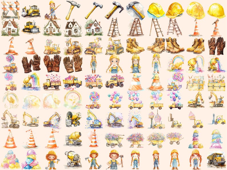 Watercolor Construction Clipart Bundle: 291 PNG Images (digital ...