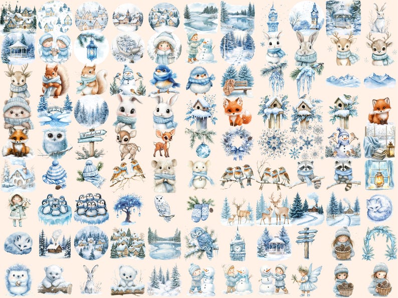 Watercolor Winter Wonderland Clipart: Snowy Woodland PNG Bundle ...