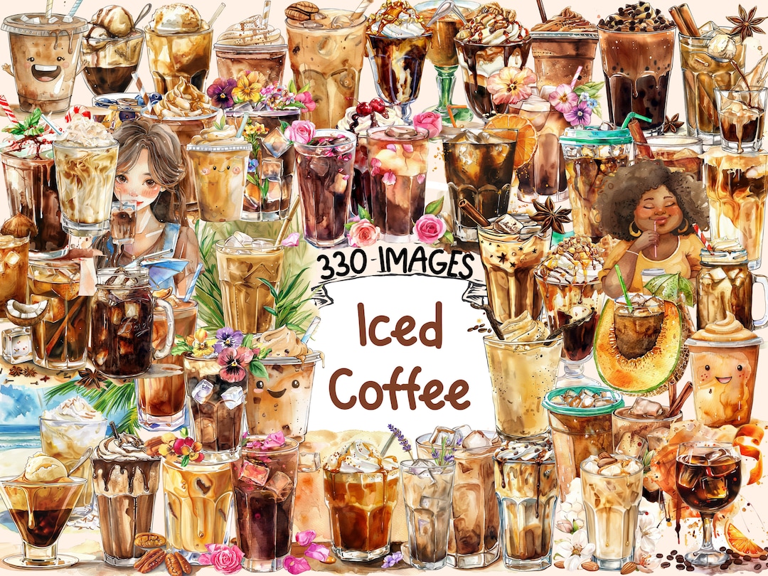 Iced Coffee Watercolor Clipart Bundle: 330 PNG Drink Images (digital ...