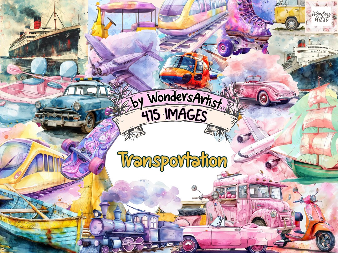 Transportation Watercolor Clipart Bundle: 415 Vehicle PNG Images ...
