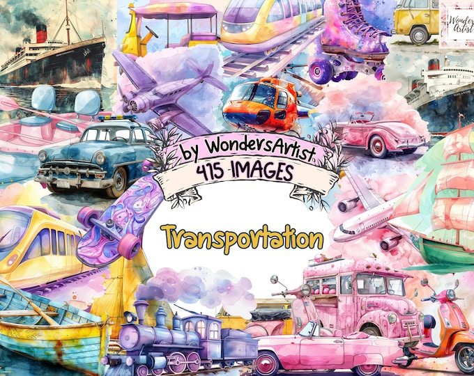 Transportation Watercolor Clipart Bundle: 415 Vehicle PNG Images ...