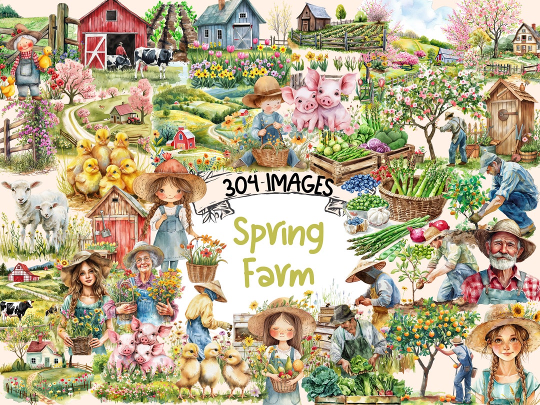 Spring Farm Watercolor Clipart Bundle: 304 Rustic PNG Images (digital ...