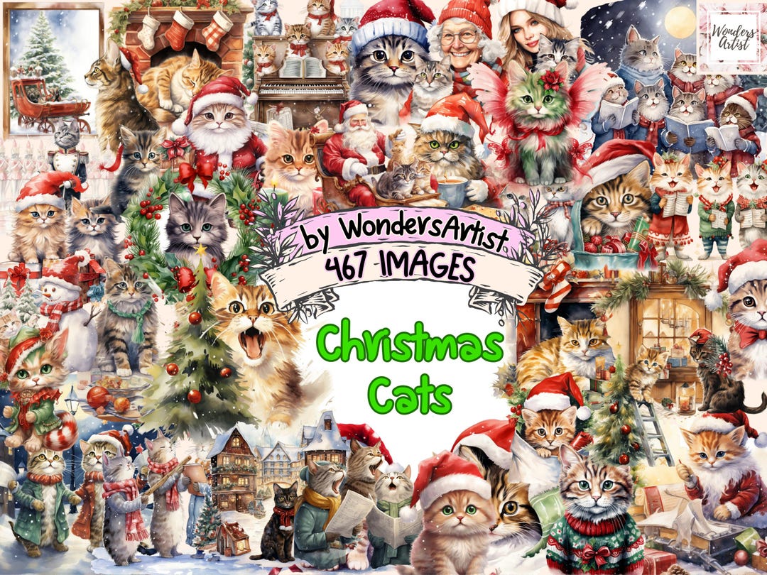 Christmas Cats Watercolor Clipart Bundle: 467 Festive PNG Images ...