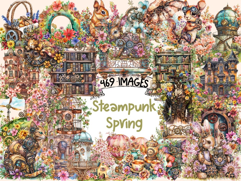 Steampunk Spring Watercolor Clipart Bundle: 469 PNG Images (digital ...