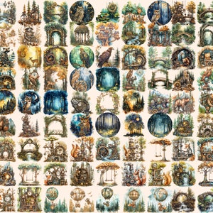 Steampunk Forests Watercolor Clipart Bundle - 489 PNG Woodland Images ...