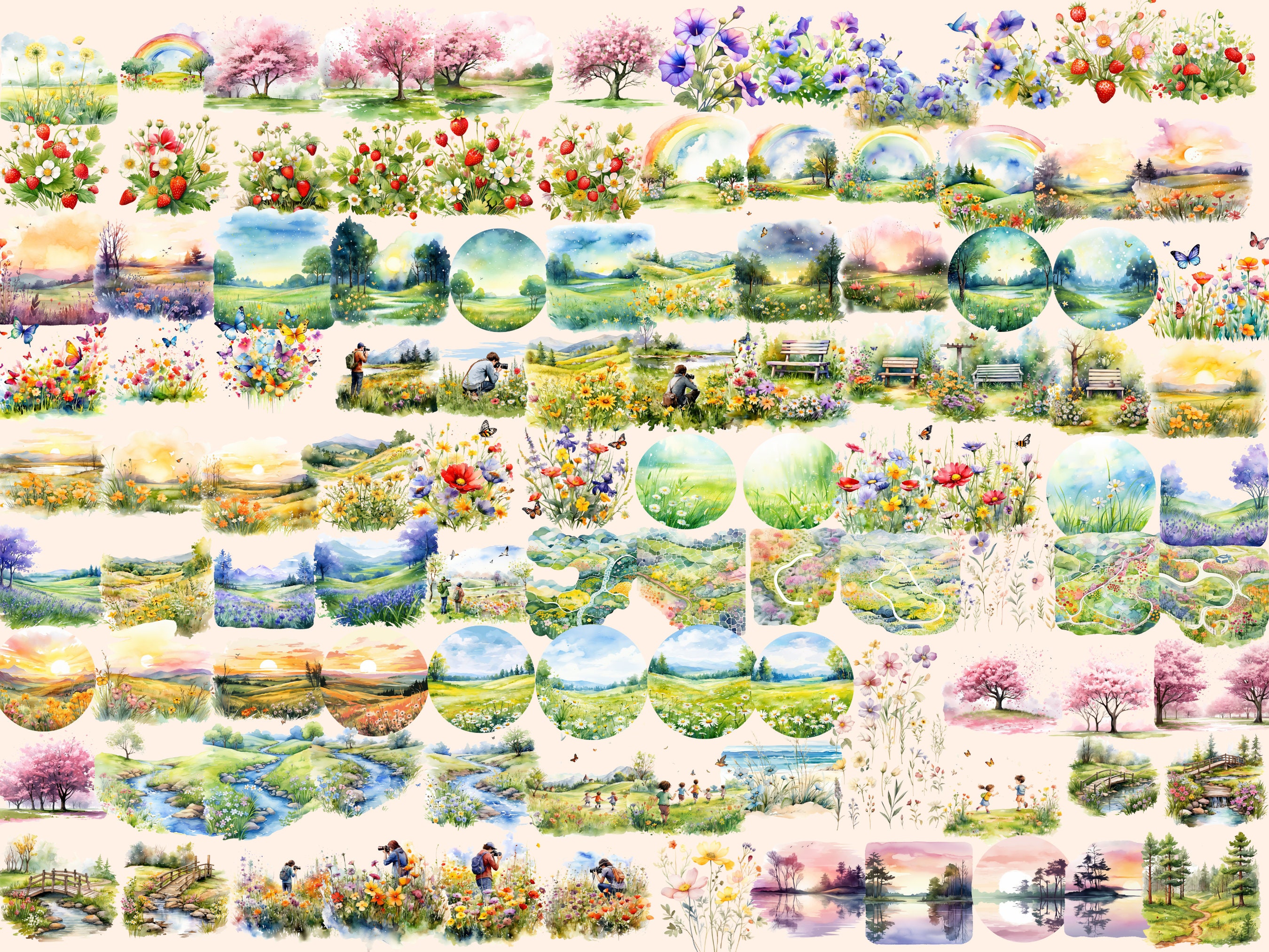 Spring Meadows Watercolor Clipart: 630 PNG Graphics (digital Download ...