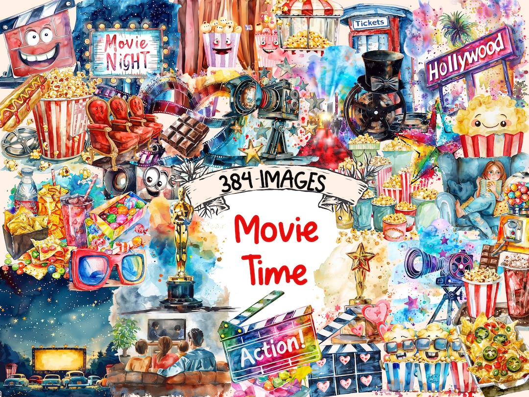 Watercolor Movie Night Clipart Bundle: Cinema Snacks & Film Graphics ...