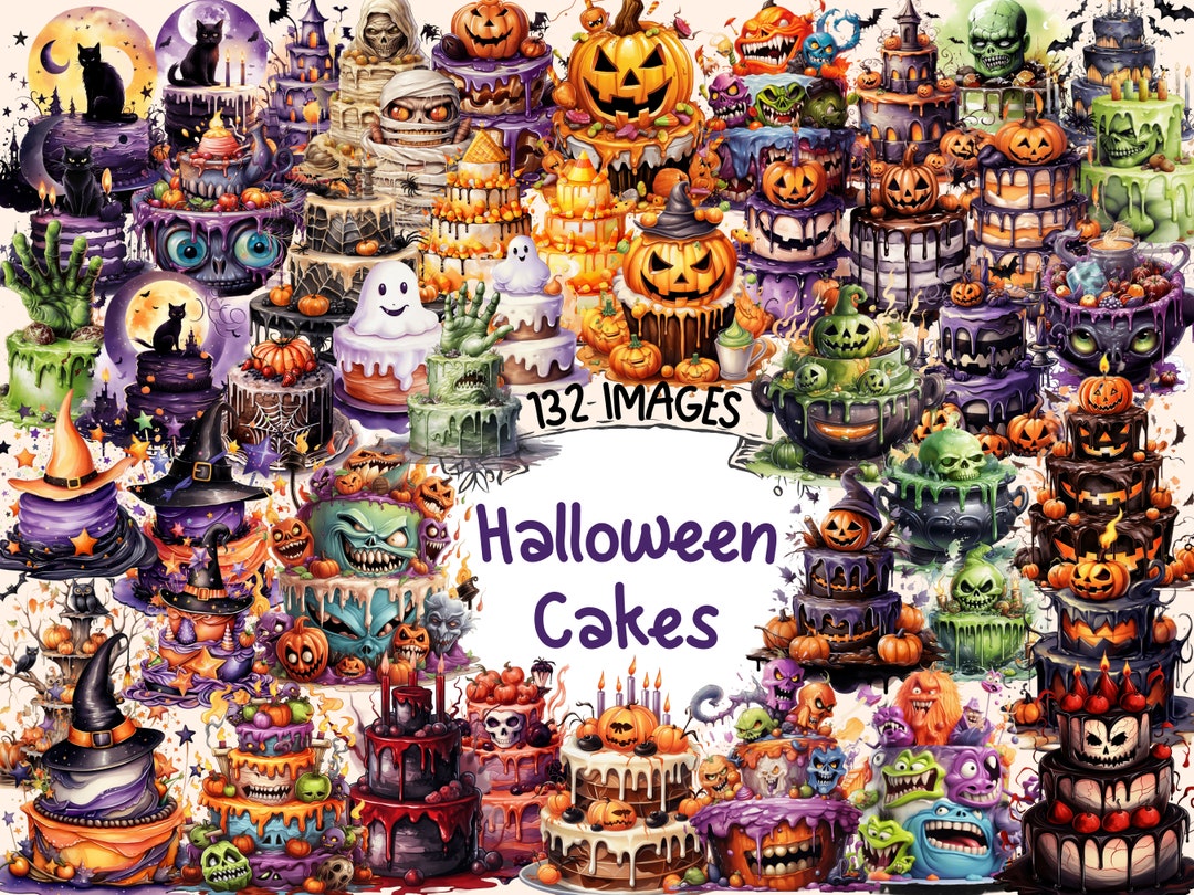 Halloween Cakes Watercolor Clipart Bundle - 132 PNG Spooky Cake Images ...