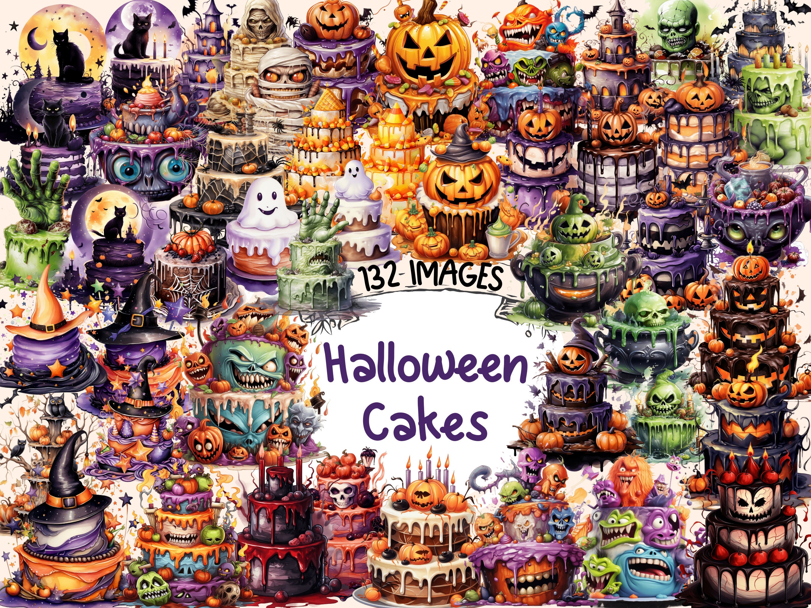 Halloween Cakes Watercolor Clipart: 132 Spooky Dessert PNG Images ...