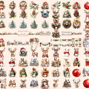 Christmas Woodland Watercolor Clipart Bundle - 859 PNG Festive Forest ...